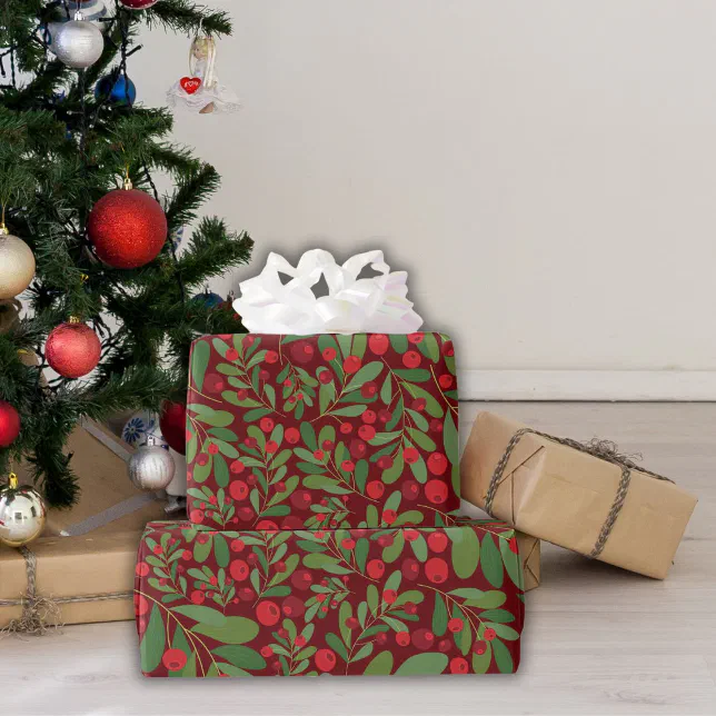 Elegant Mistletoe Burgundy Background Christmas Wrapping Paper | Zazzle