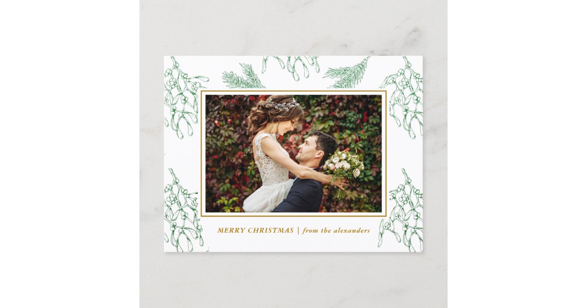 Elegant Mistletoe Green and Gold Photo Christmas Holiday Postcard | Zazzle