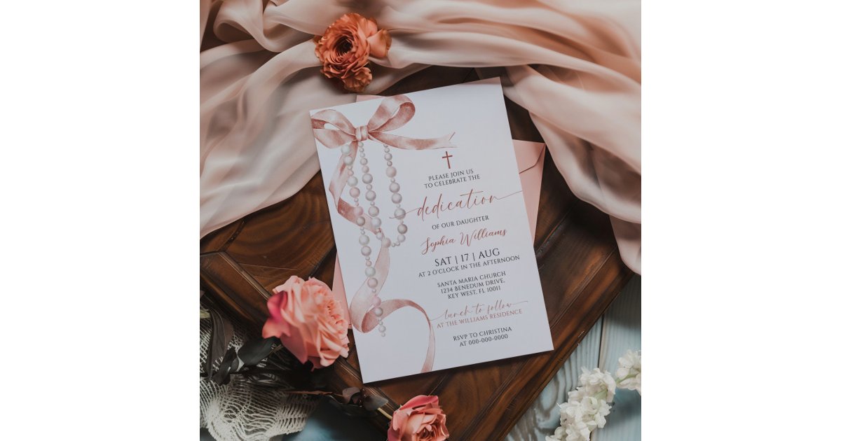 Elegant Mocha Bow & Rosary Dedication Invitation | Zazzle