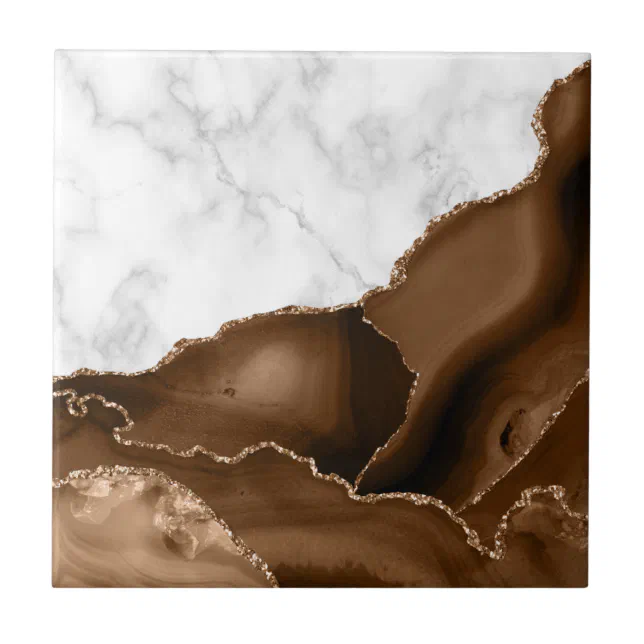 Elegant Mocha Brown Agate Gold Glitter Marble Ceramic Tile | Zazzle