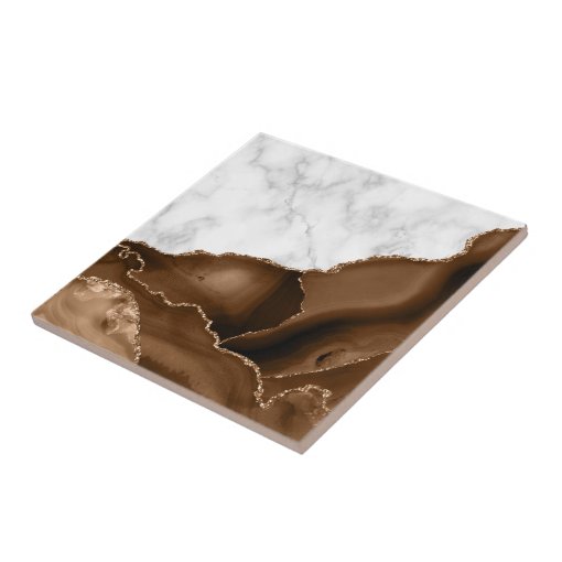 Elegant Mocha Brown Agate Gold Glitter Marble Ceramic Tile | Zazzle