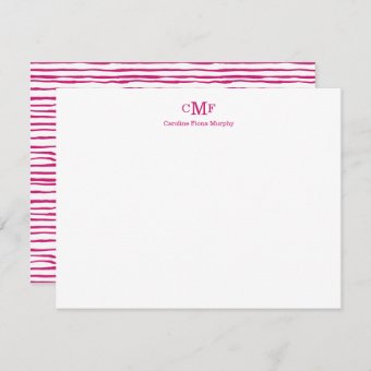 Elegant Modern 3 Monogram Magenta Pink Stripe Note Card | Zazzle