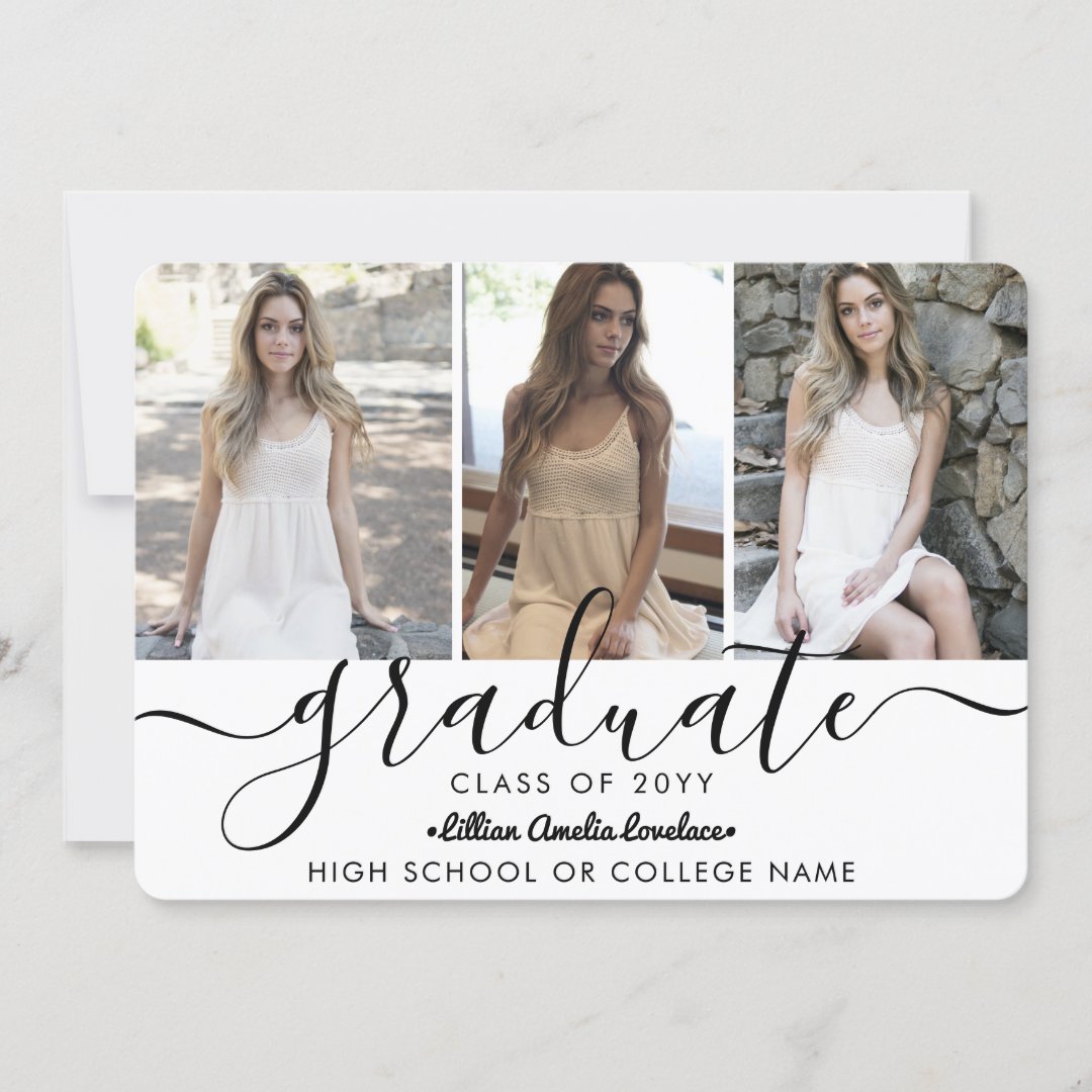 Elegant Modern 4 Photo Collage Script Graduation Announcement | Zazzle