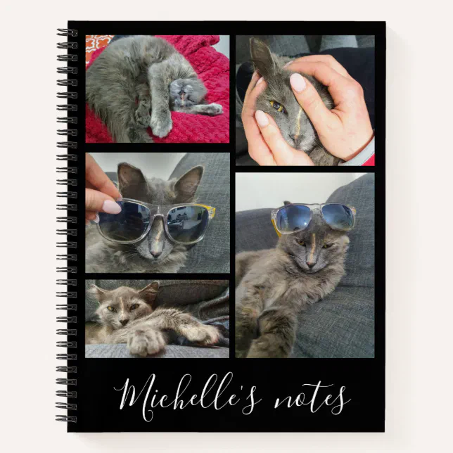 elegant modern 5 photos collage personalized black notebook | Zazzle