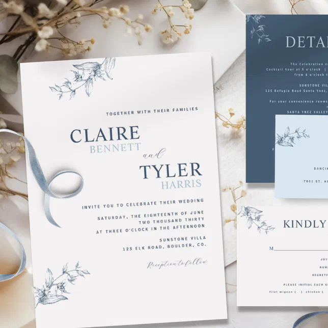 Elegant Modern and Minimal Blue Wedding Invitation | Zazzle