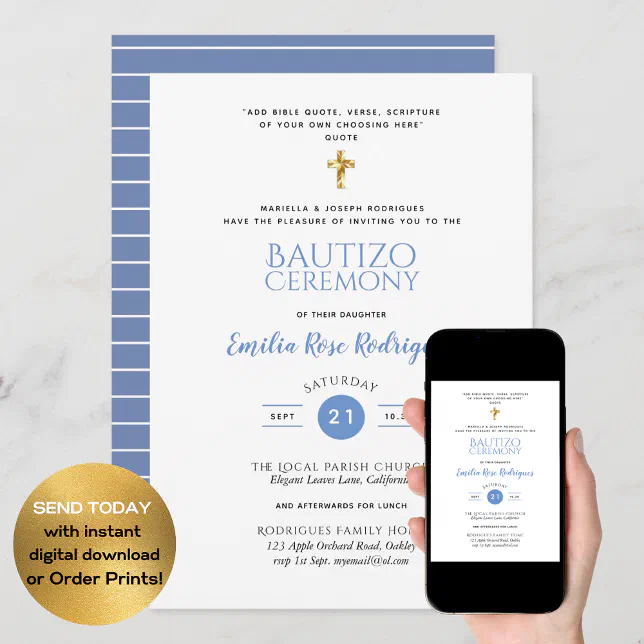 Elegant Modern BAUTIZO Bautismo Baptism -ADD VERSE Invitation | Zazzle