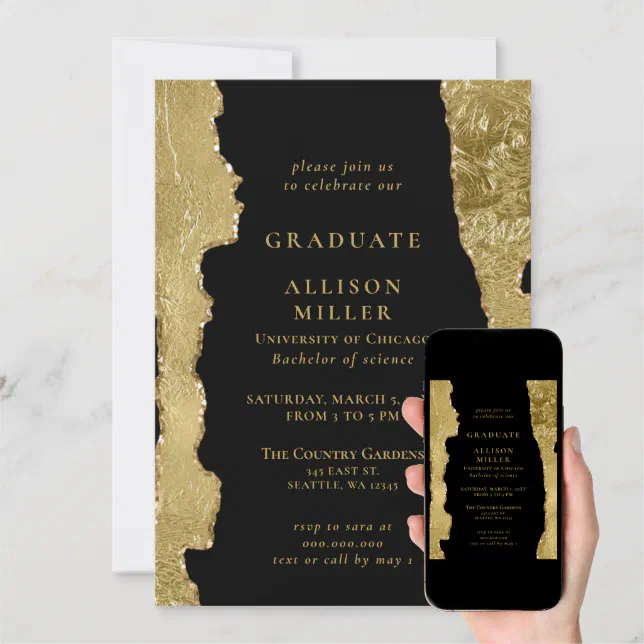 Elegant Modern Black and Gold Foil Graduation Invitation | Zazzle