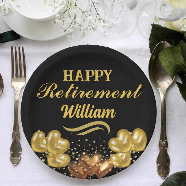 Elegant Modern Black and gold Happy Retirement Paper Plates | Zazzle
