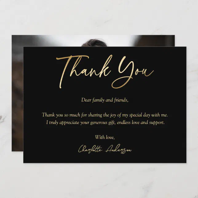 Elegant Modern Black and Gold Photo Graduation Thank You Card | Zazzle