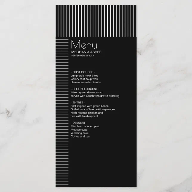 Elegant Modern Black and White Pinstripes Menu | Zazzle