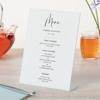 Elegant & modern black and white wedding menu pedestal sign | Zazzle