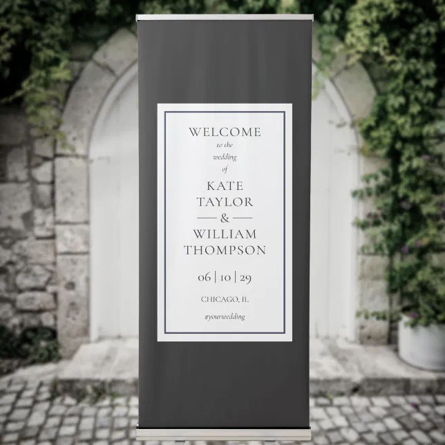Elegant Modern Black And White Wedding Welcome Retractable Banner | Zazzle