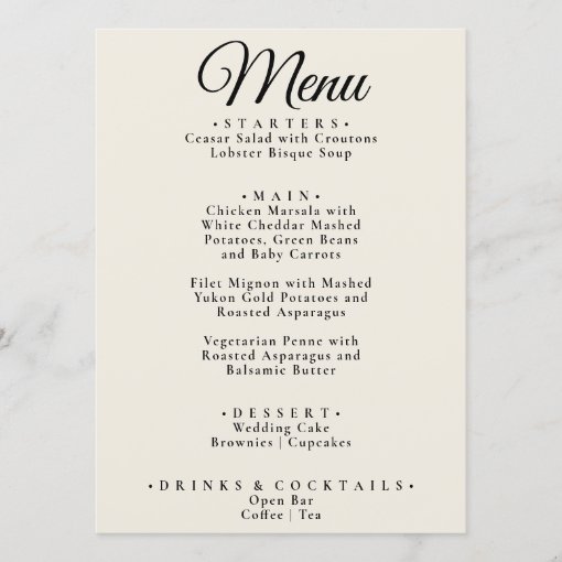 Elegant Modern Black Cream Bold Retro Wedding Menu | Zazzle