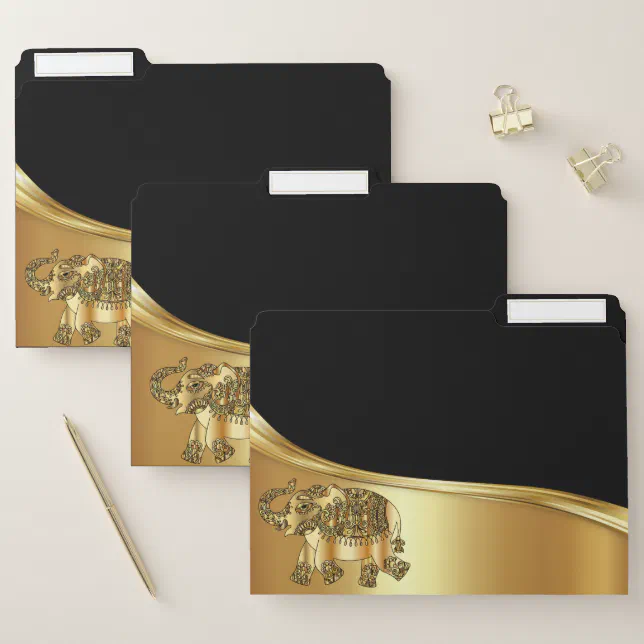 Elegant Modern Black Gold Elephant, Paisley File Folder | Zazzle