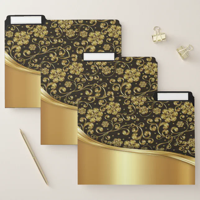 Elegant Modern Black Gold Flowers File Folder | Zazzle