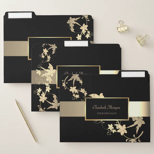 Elegant Modern Black Gold Flowers, Frame File Folder | Zazzle