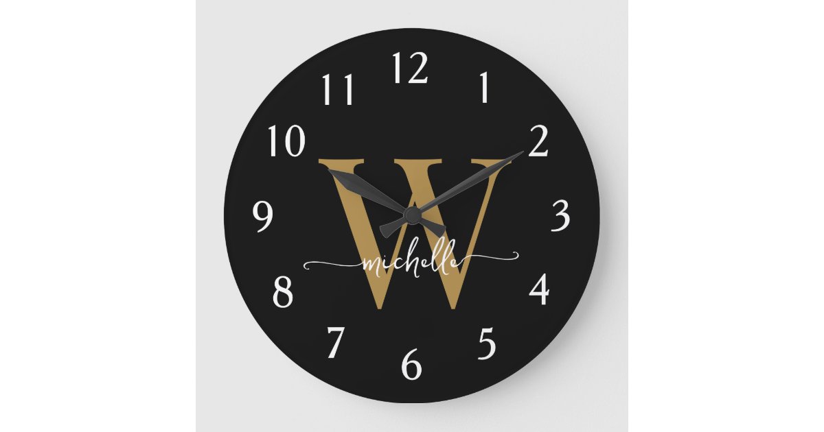 Elegant Modern Black Gold Monogram Name Script Large Clock | Zazzle