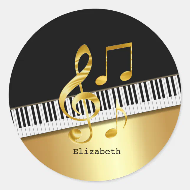 Elegant Modern Black Gold Music Notes,Piano Keys Classic Round Sticker ...