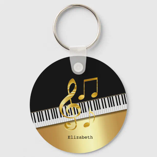 Elegant Modern Black Gold Music Notes,Piano Keys Keychain | Zazzle