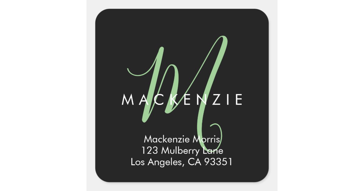 Elegant Modern Black Green Script Monogram Square Sticker | Zazzle