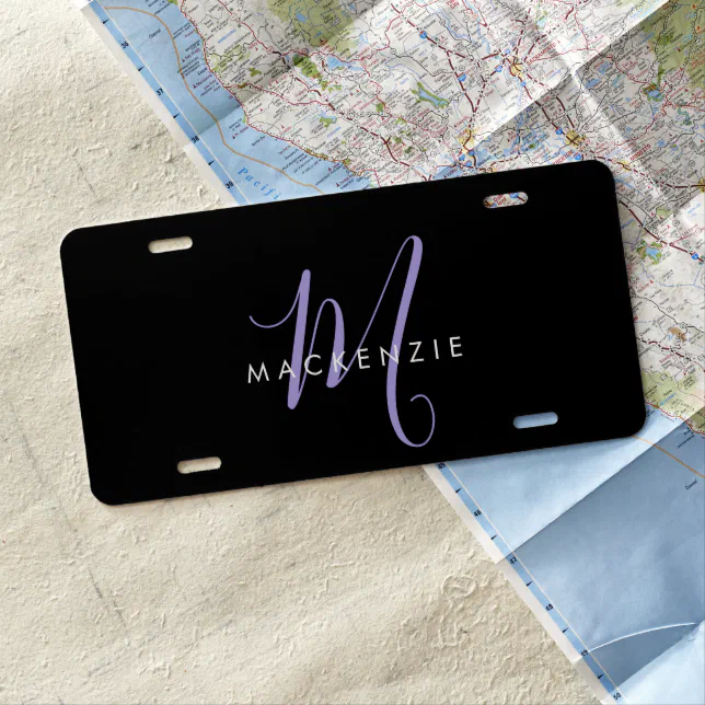 Elegant Modern Black Lavender Script Monogram License Plate | Zazzle
