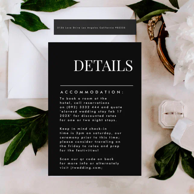 Elegant Modern Black Names Accommodation Details RSVP Card | Zazzle