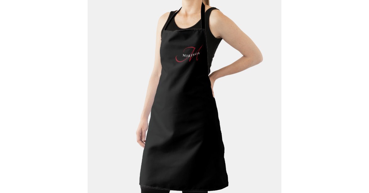 Elegant Modern Black Red Script Monogram Apron | Zazzle