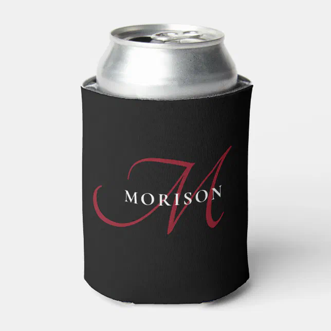 Elegant Modern Black Red Script Monogram Can Cooler | Zazzle
