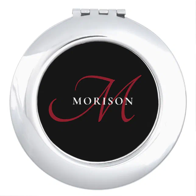 Elegant Modern Black Red Script Monogram Compact Mirror | Zazzle