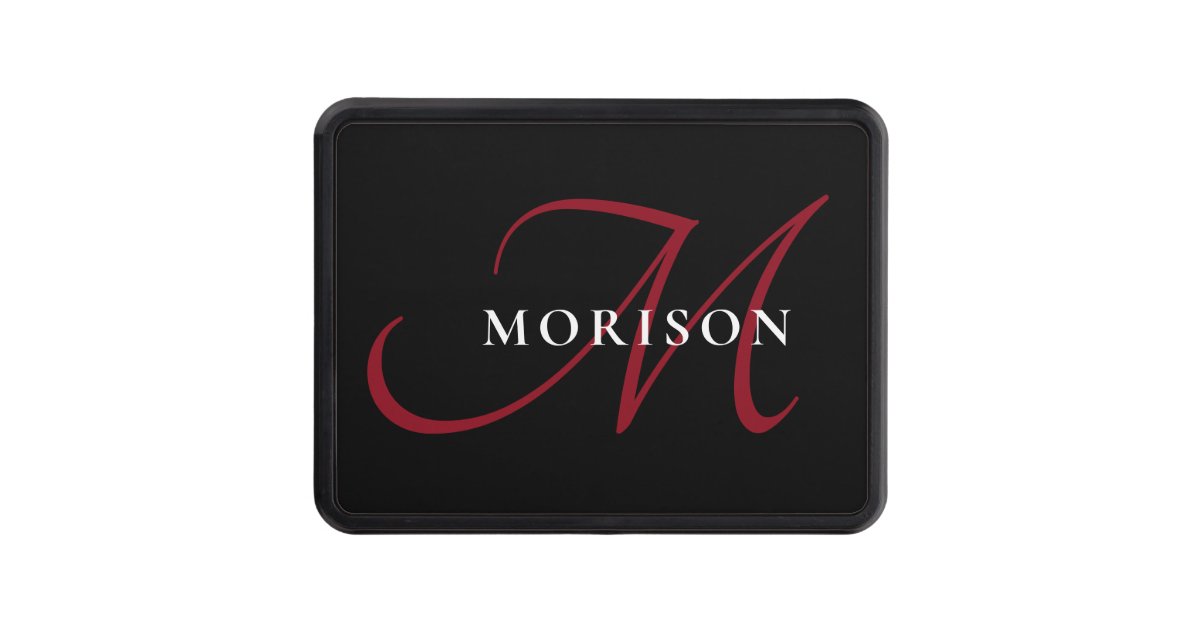 Elegant Modern Black Red Script Monogram Hitch Cover | Zazzle
