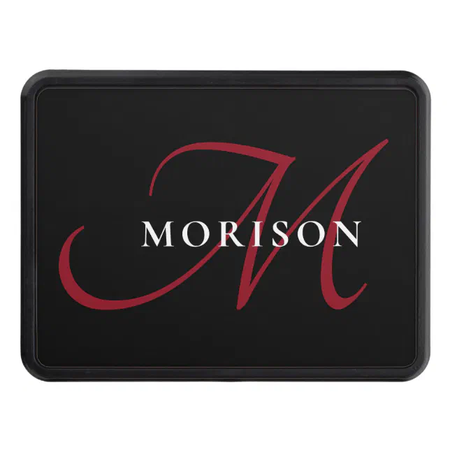 Elegant Modern Black Red Script Monogram Hitch Cover | Zazzle