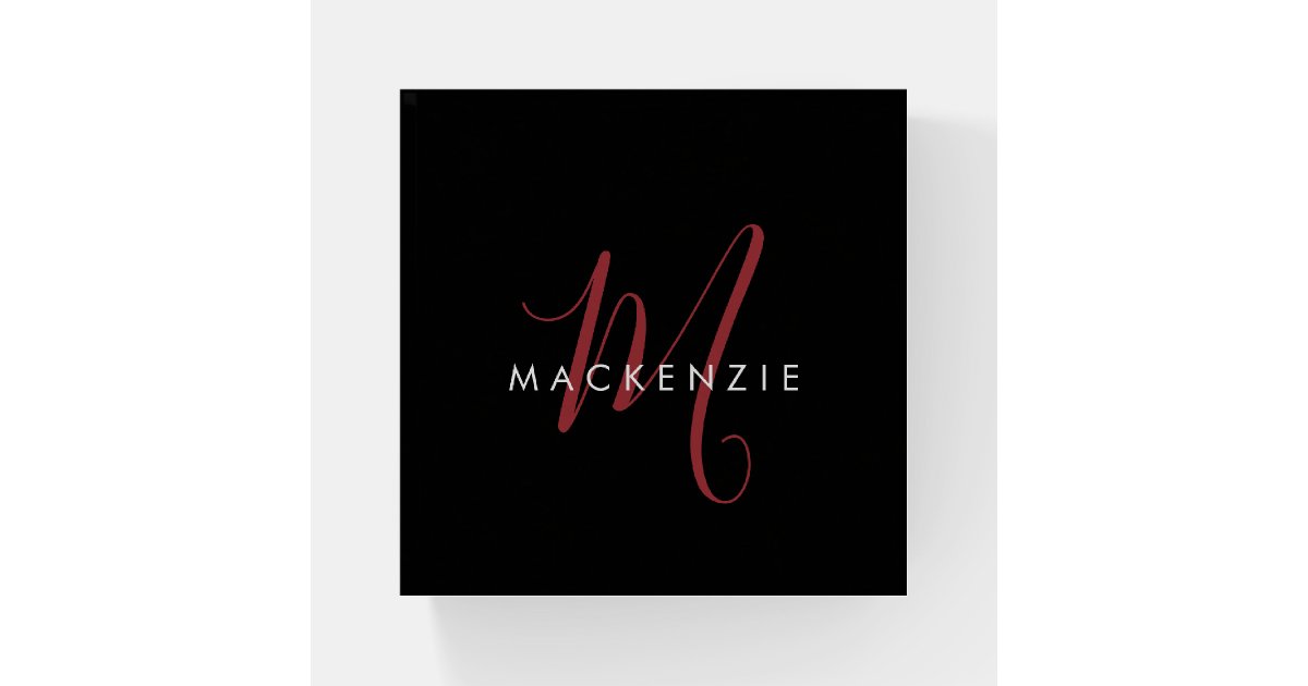 Elegant Modern Black Red Script Monogram Paperweight | Zazzle