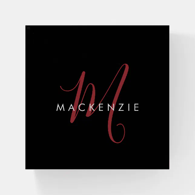 Elegant Modern Black Red Script Monogram Paperweight | Zazzle