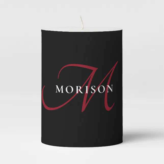 Elegant Modern Black Red Script Monogram Pillar Candle | Zazzle