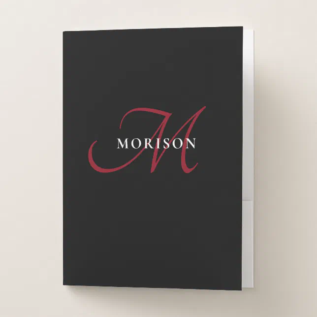Elegant Modern Black Red Script Monogram Pocket Folder | Zazzle