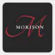 Elegant Modern Black Red Script Monogram Square Sticker | Zazzle