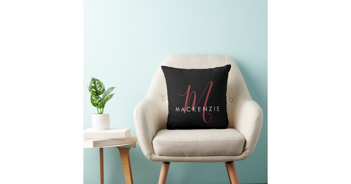 Elegant Modern Black Red Script Monogram Throw Pillow | Zazzle