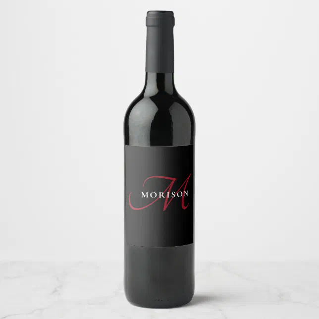 Elegant Modern Black Red Script Monogram Wine Label | Zazzle