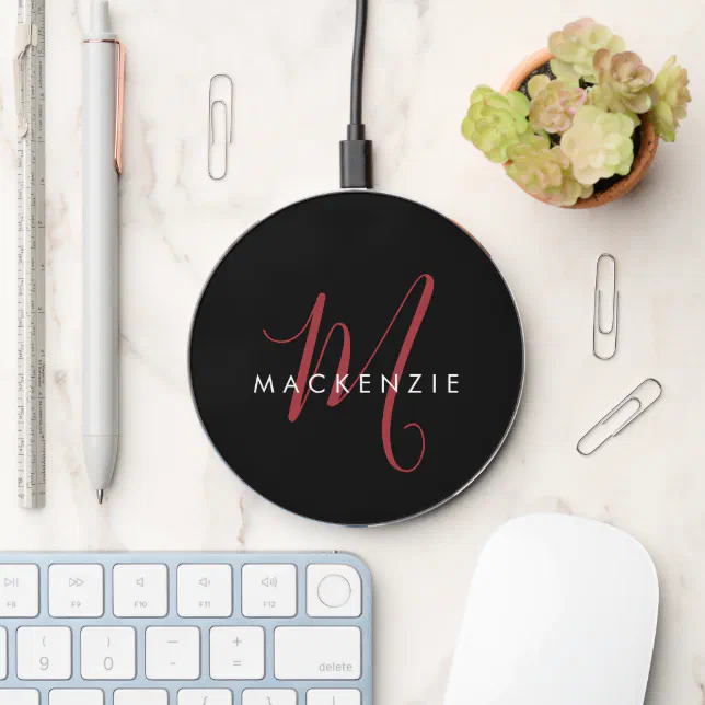 Elegant Modern Black Red Script Monogram Wireless Charger | Zazzle