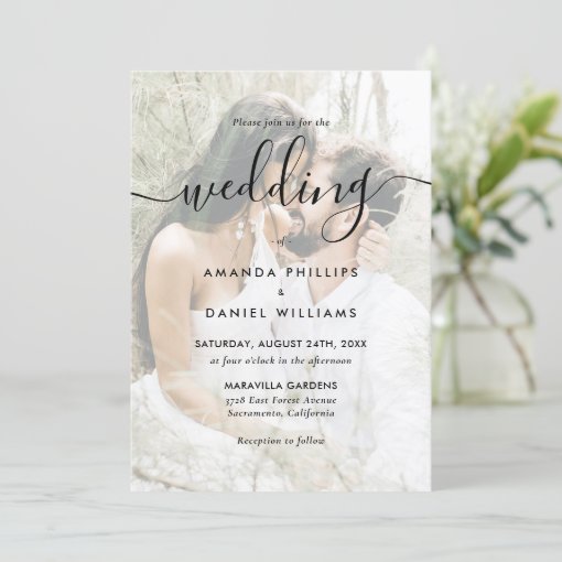 Elegant Modern Black Script Photo Wedding Invitation | Zazzle