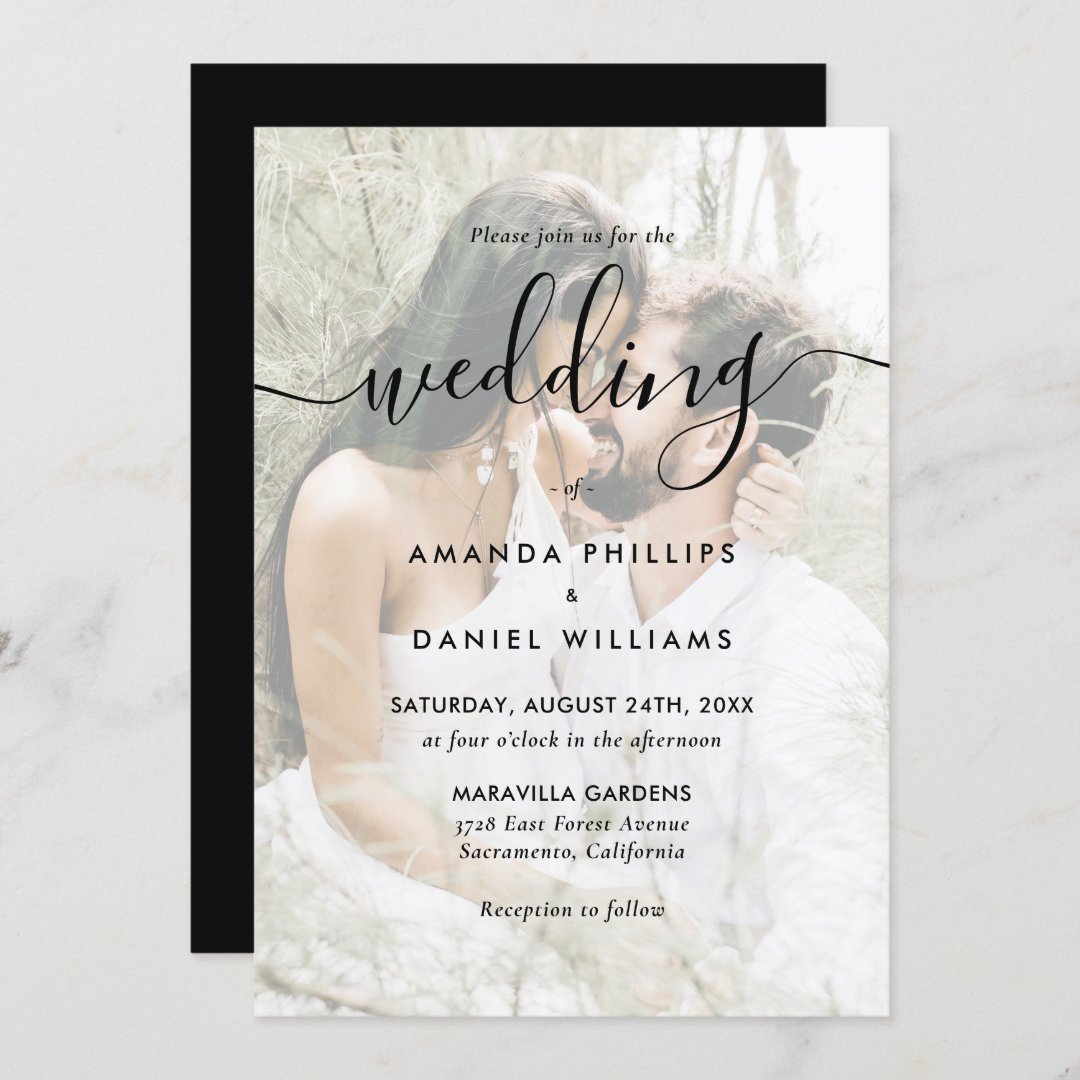Elegant Modern Black Script Photo Wedding Invitation | Zazzle