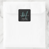 Elegant Modern Black Teal Script Monogram Square Sticker | Zazzle
