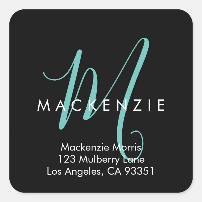 Elegant Modern Black Teal Script Monogram Square Sticker | Zazzle