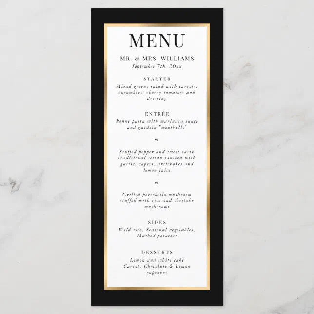 Elegant Modern Black White and Gold Wedding Menu | Zazzle