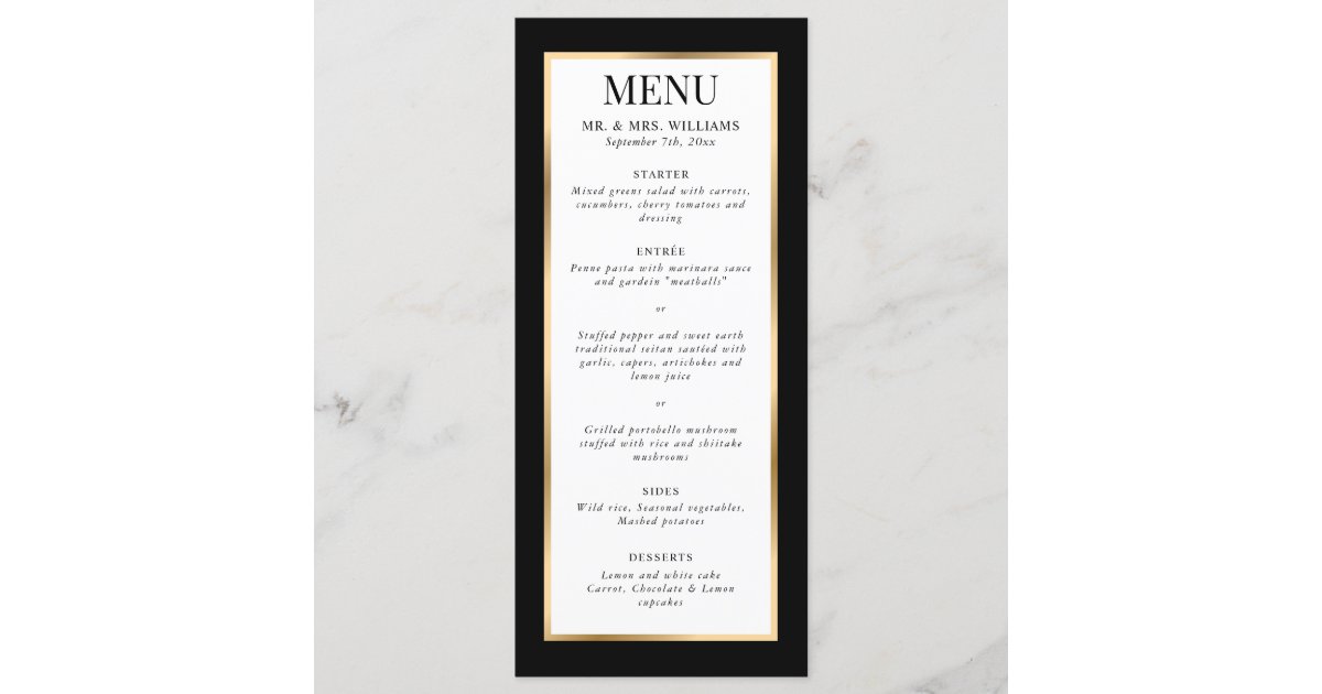 Elegant Modern Black White and Gold Wedding Menu | Zazzle.com