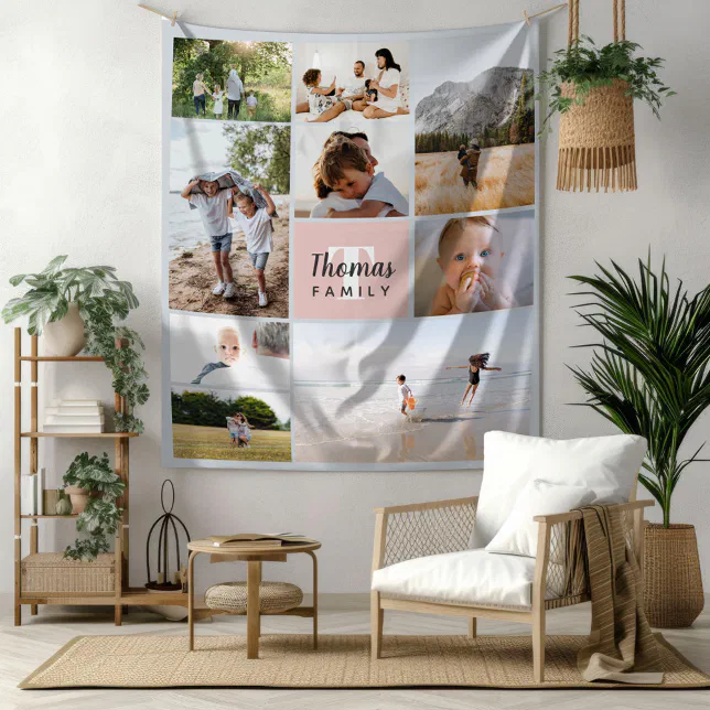 Elegant & Modern Blush Pink Family Photo Collage Tapestry | Zazzle