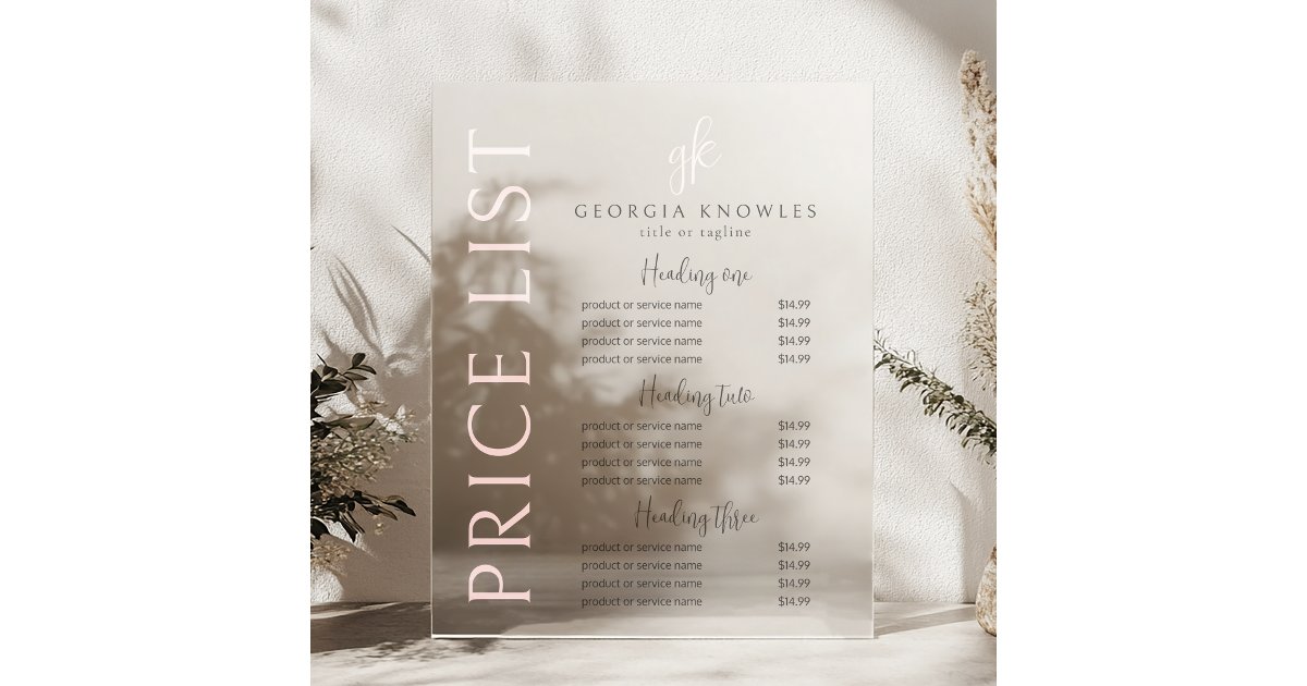 Elegant Modern Blush Pink Price List Acrylic Sign | Zazzle