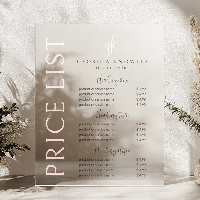Elegant Modern Blush Pink Price List Acrylic Sign | Zazzle