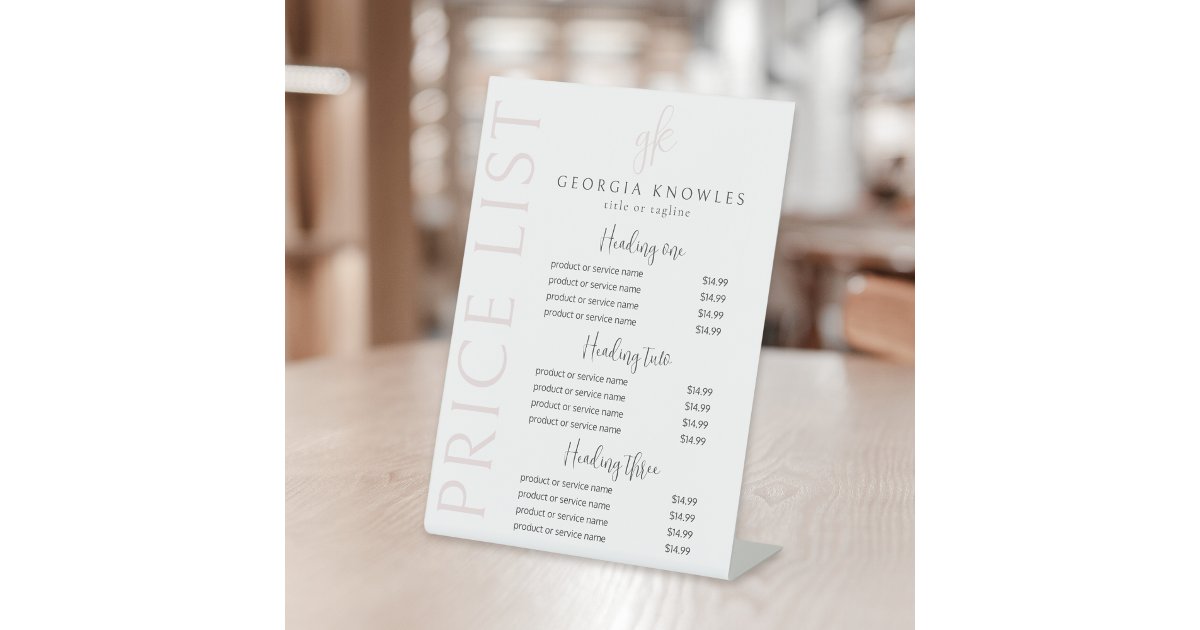 Elegant Modern Blush Pink Price List Pedestal Sign | Zazzle
