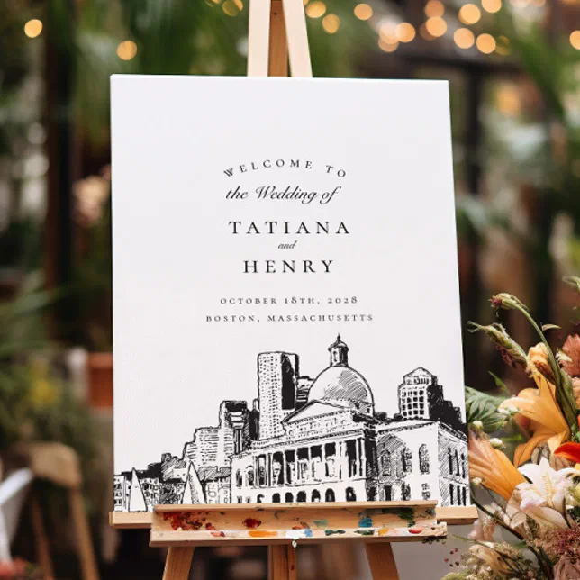 Elegant Modern Boston Sketch Wedding Welcome Sign | Zazzle